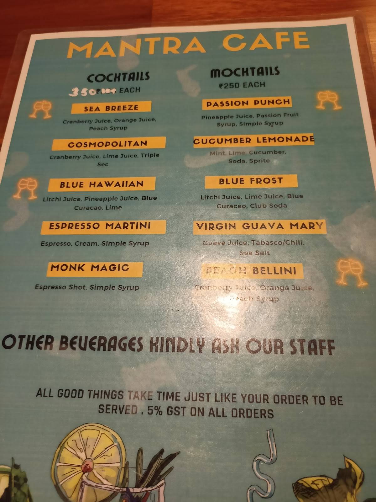Menu at Mantra Cafe, Gokarna