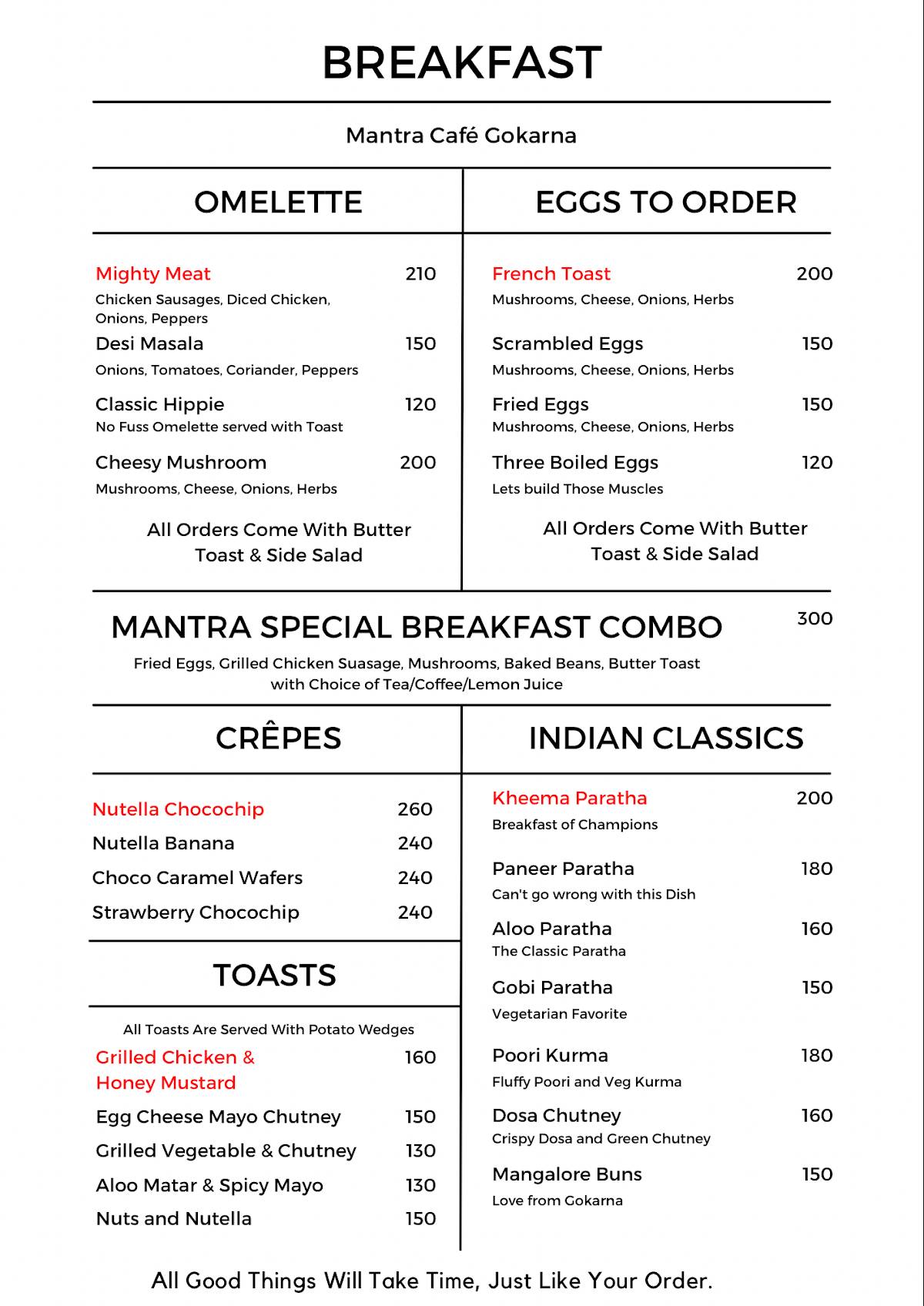 Menu at Mantra Cafe, Gokarna