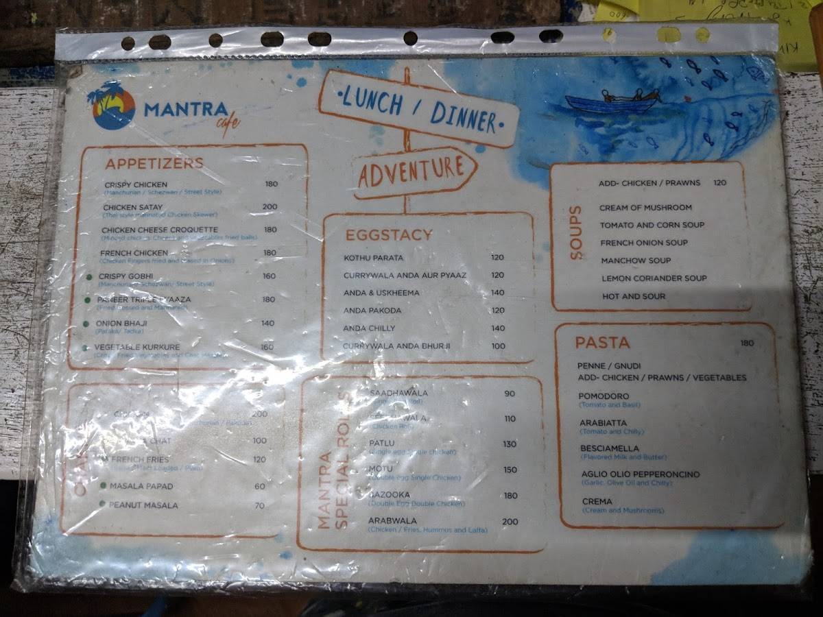 Menu at Mantra Cafe, Gokarna