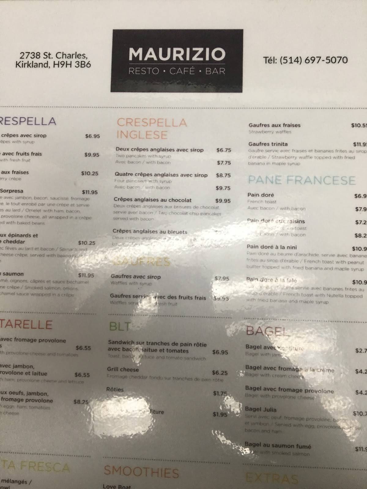Menu au Café Maurizio, Kirkland, Saint-Charles Blvd