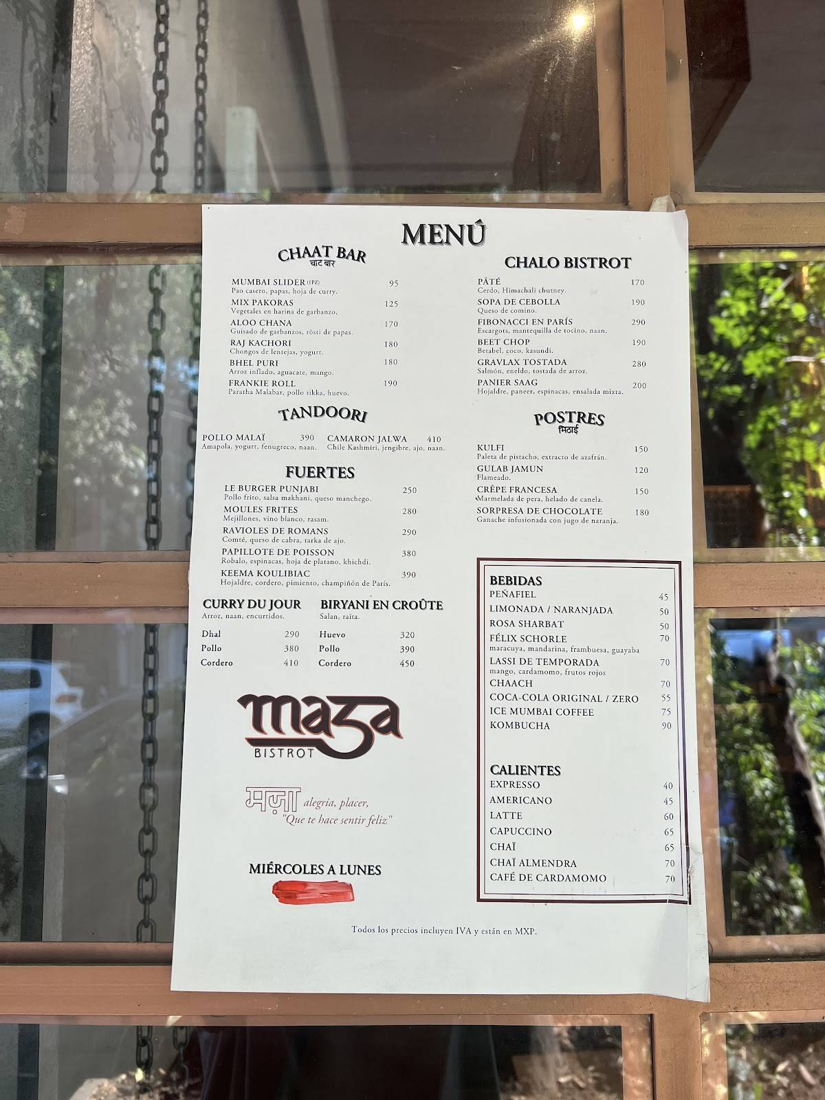 Menu at Maza Bistrot restaurant, Mexico City