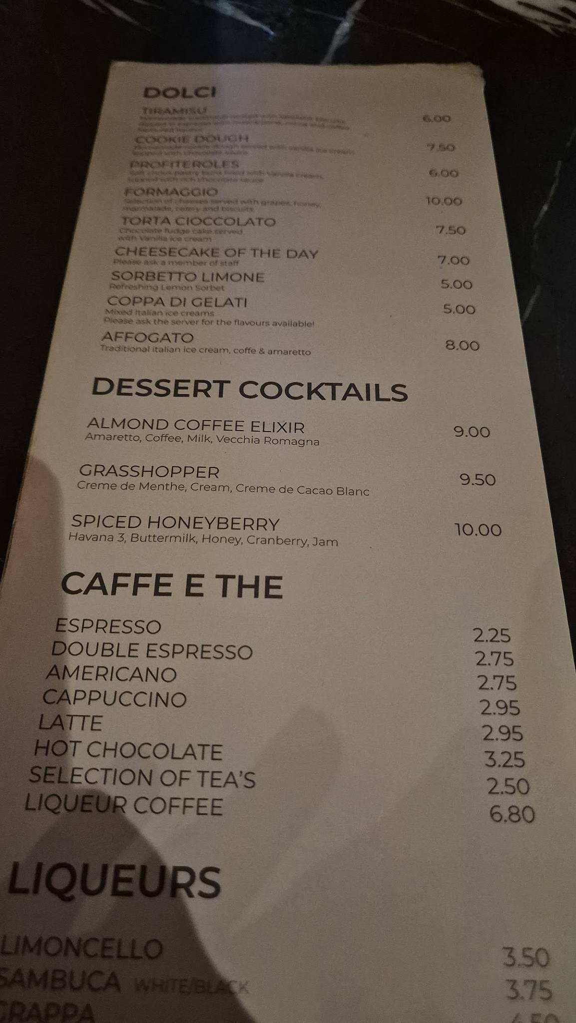 Menu at Mazzo restaurant, Oldham