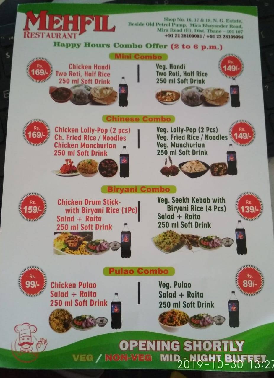 Menu at Mehfil Restaurant Hyderabadi Dum Biryani, Mumbai, Shop no- 16 ...
