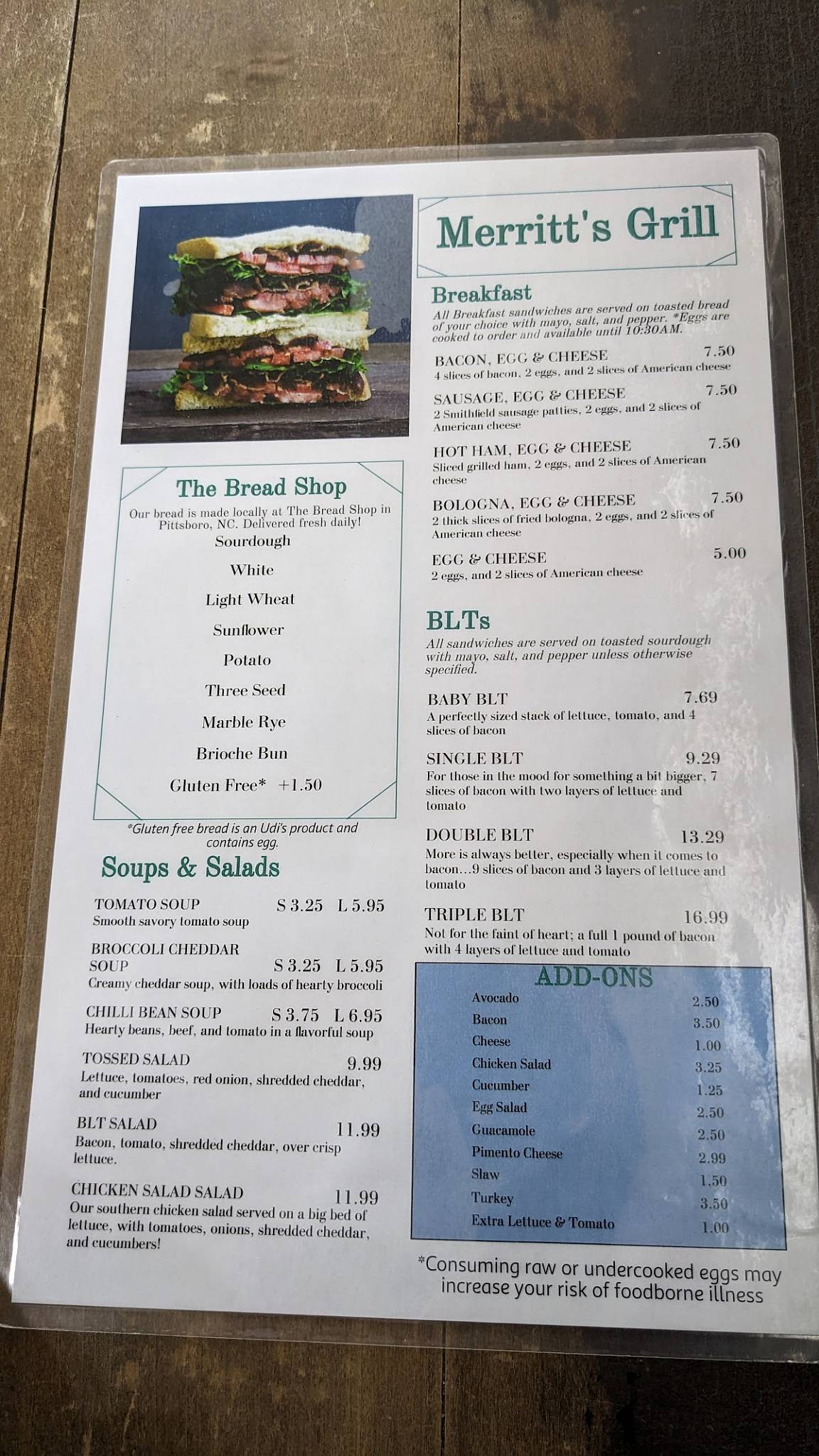 Menu at Merritt's Grill restaurant, Chapel Hill