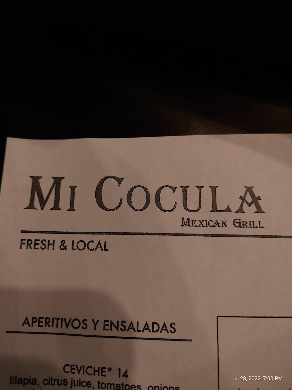 Menu at Mi Cocula Mexican Grill restaurant, Fort Worth