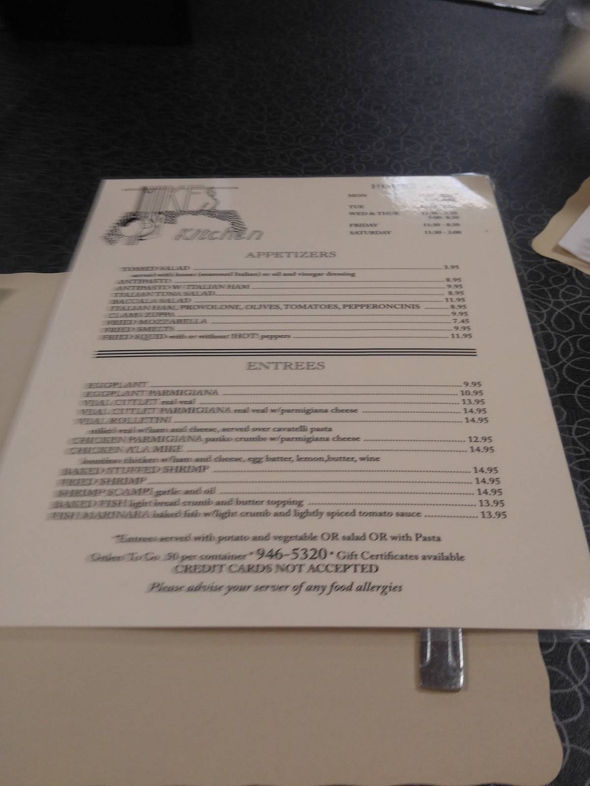 Menu at Mike's Kitchen restaurant, Cranston