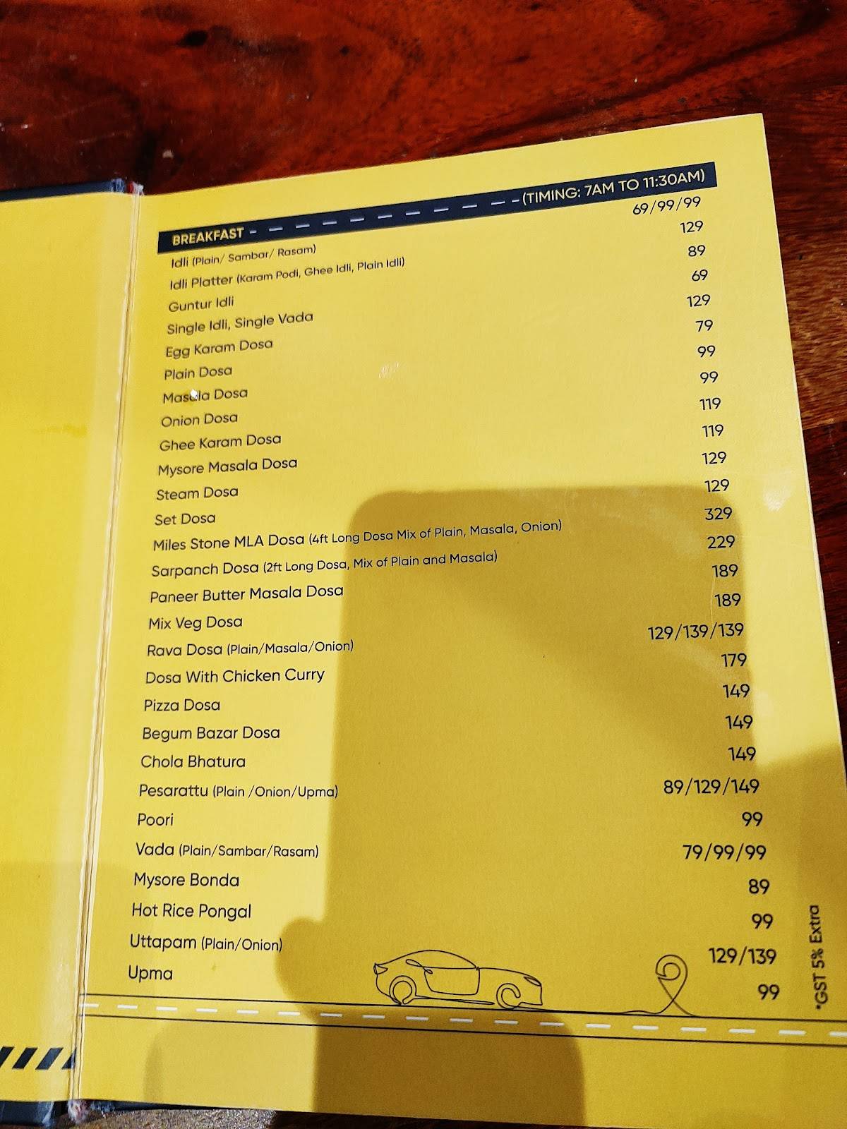 Menu at Milestone, Sangareddy