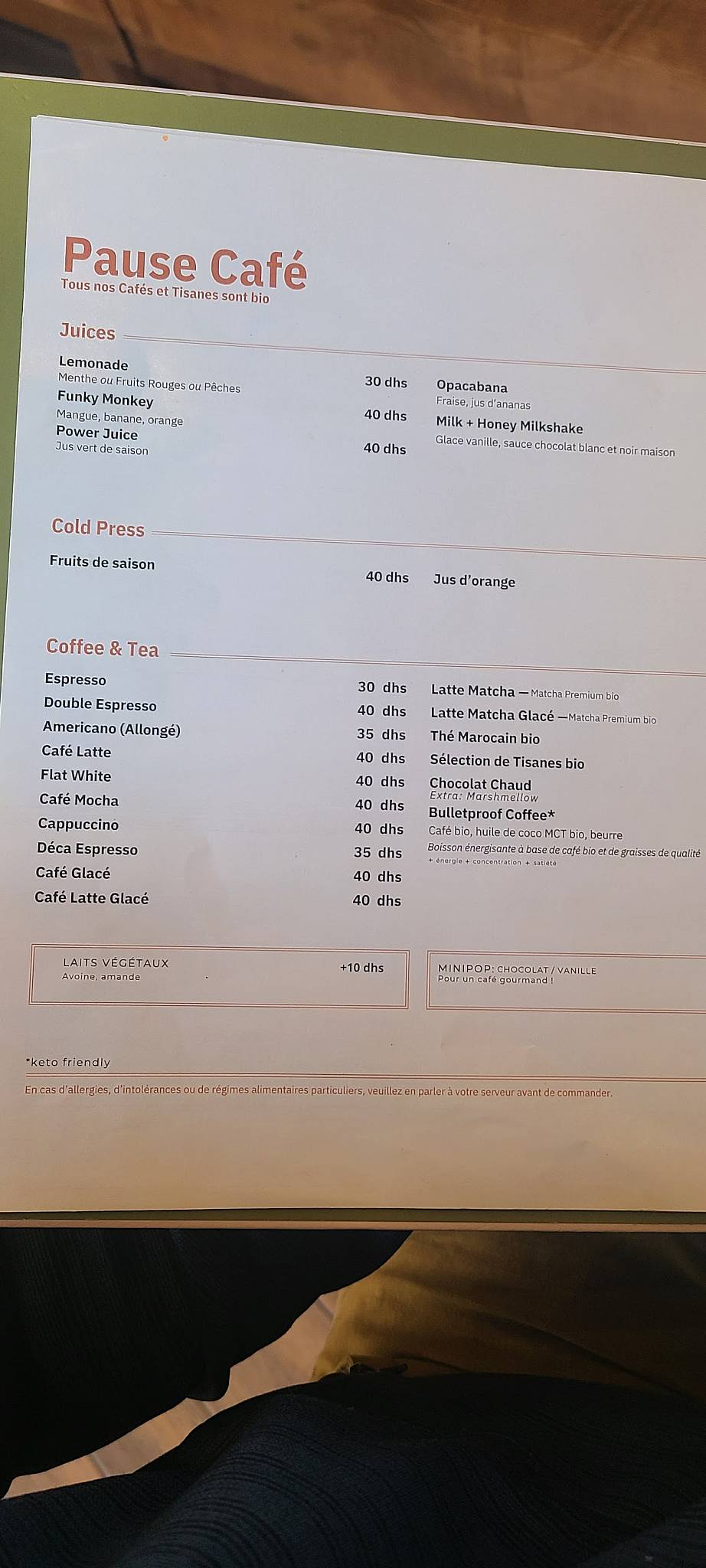 Menu au Milk + Honey restaurant, Casablanca