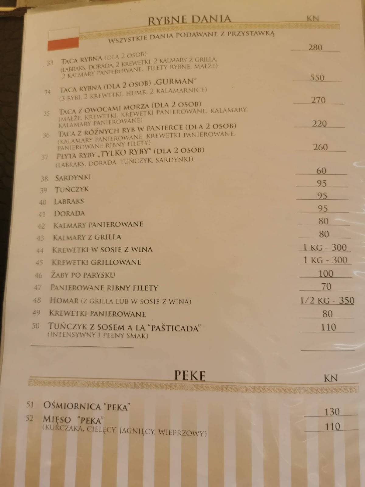 Menu at Milo restaurant, Omiš