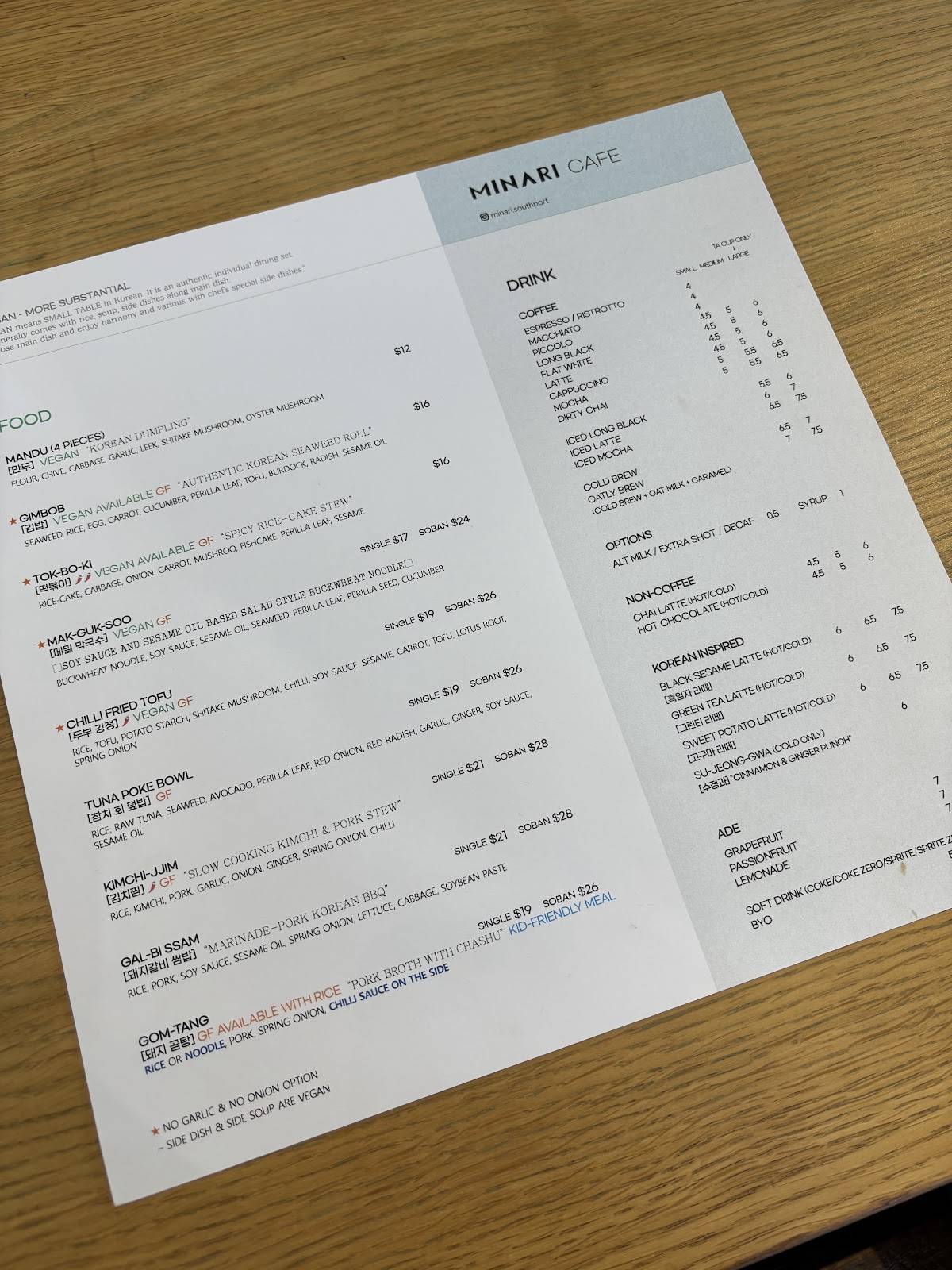 Menu at Minari restaurant, Southport