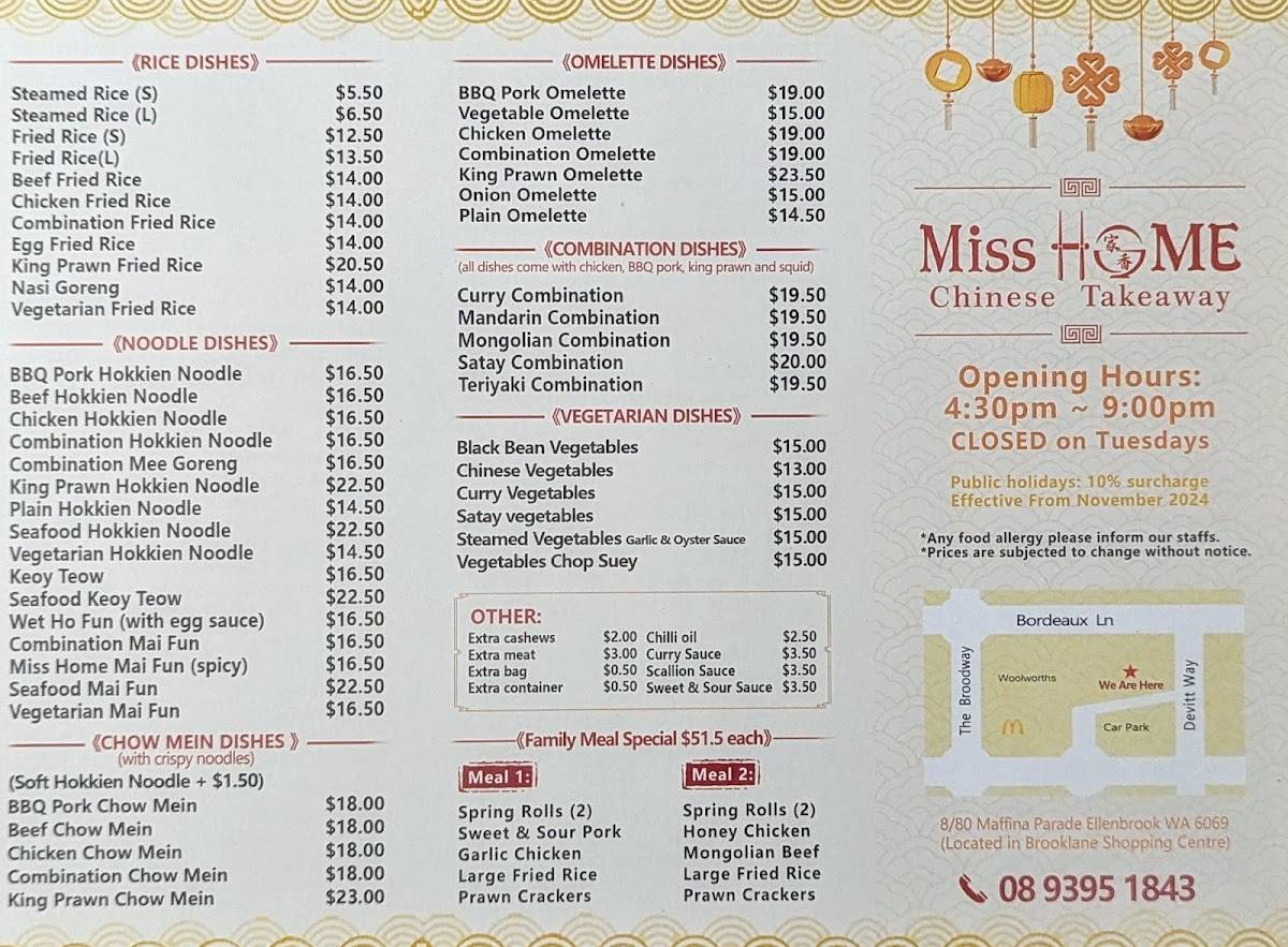 Menu at Miss Home Chinese Takeaway restaurant, Ellenbrook