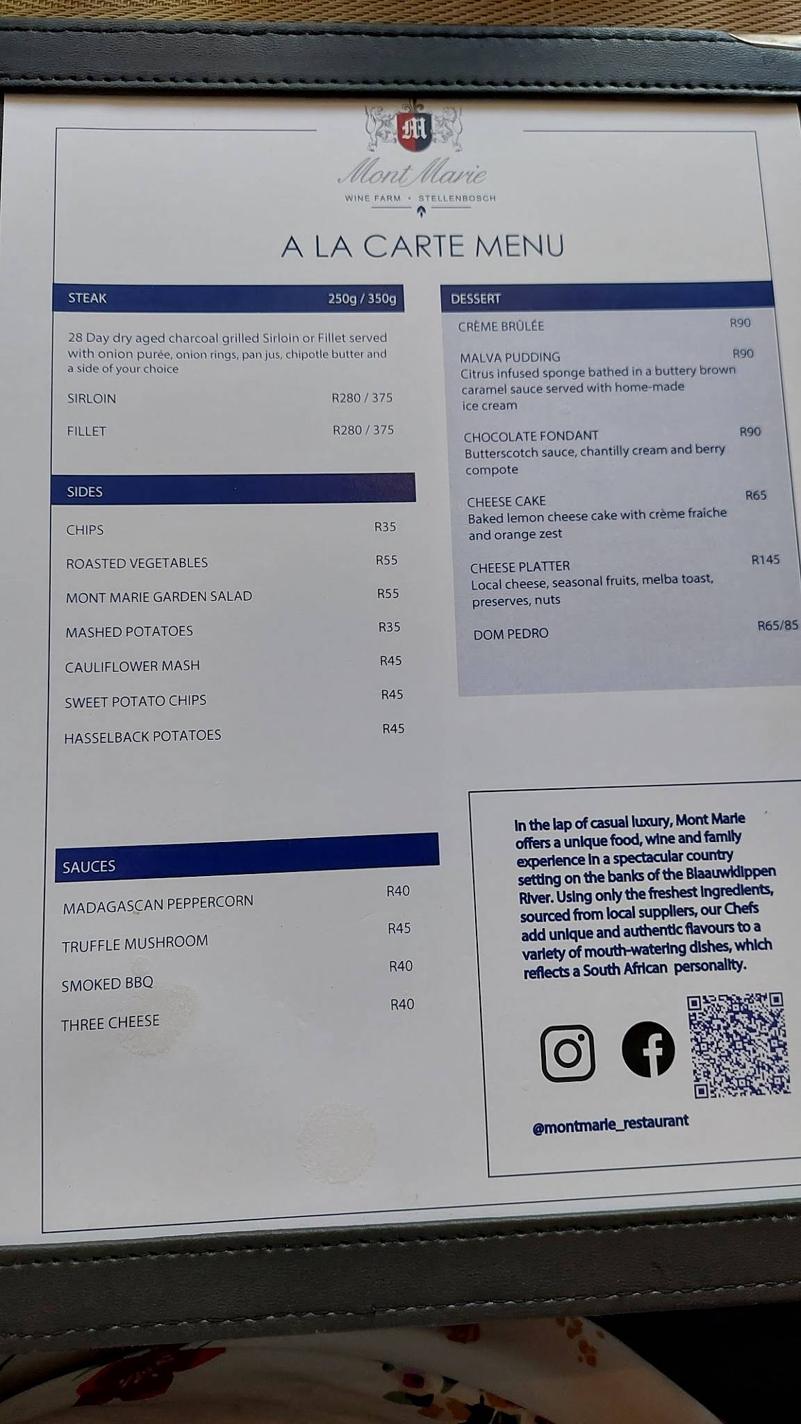 Menu at Mont Marie Restaurant, Stellenbosch