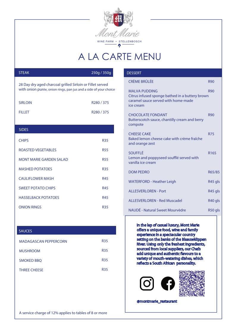 Speisekarte von Mont Marie Restaurant, Stellenbosch