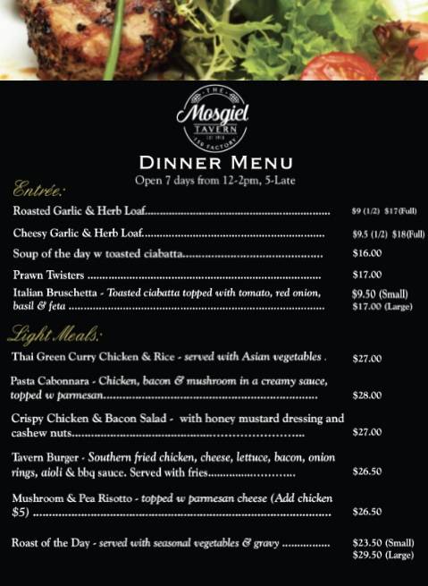 Menu at Mosgiel Tavern restaurant, Mosgiel