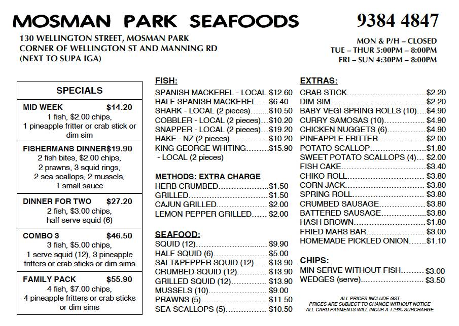 Menu at Mosman Park Seafoods restaurant, Mosman Park