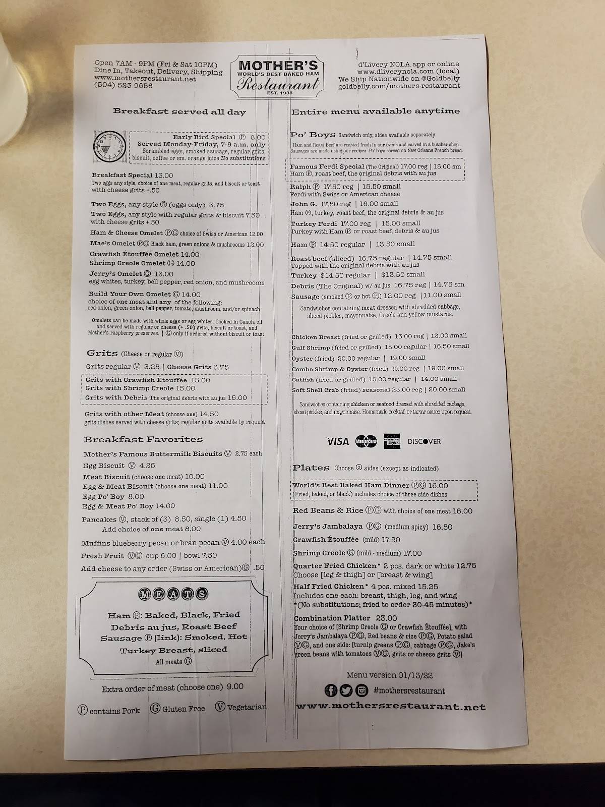 Menu at Mother's Restaurant, New Orleans