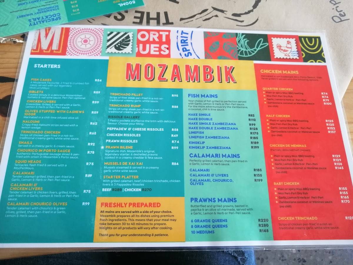 Menu at Mozambik V & A Waterfront restaurant, Cape Town