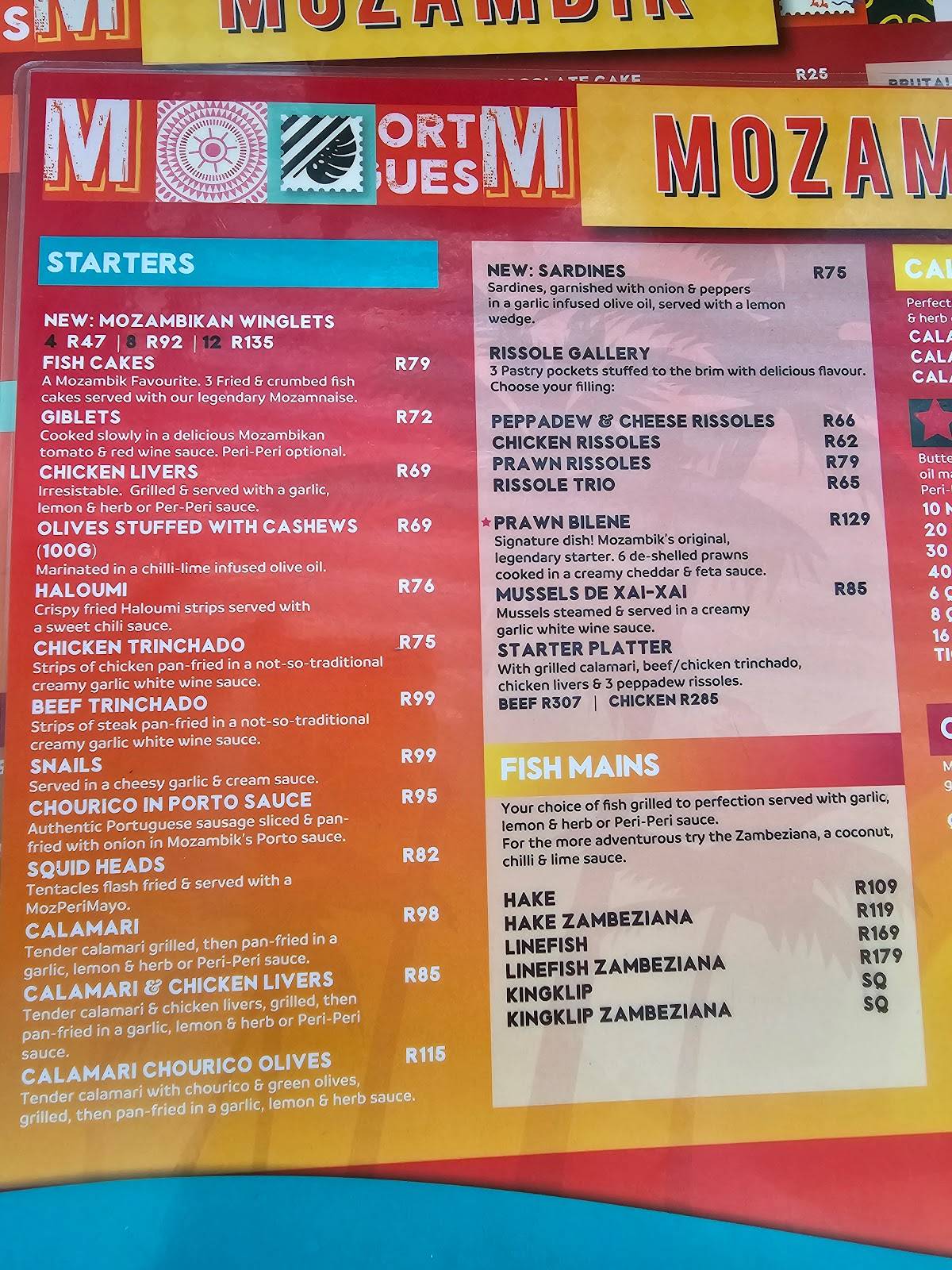 Menu at Mozambik V & A Waterfront restaurant, Cape Town