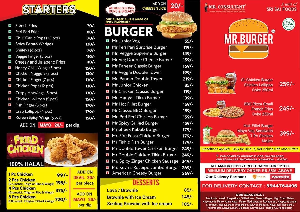 Menu at Mr Burger Namakkal, Namakkal