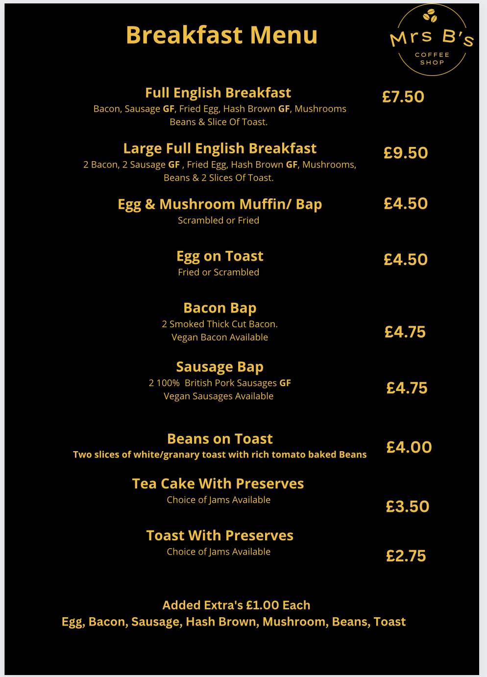Menu at Mrs B's Coffee Shop, Bristol