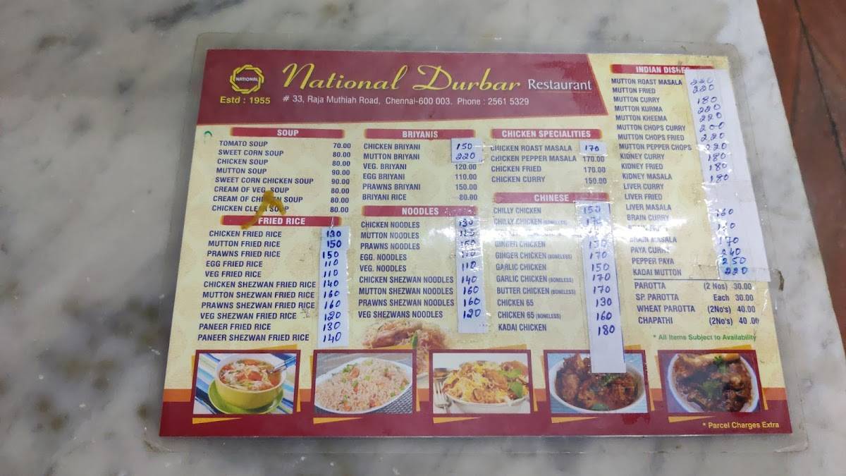 Menu at National Durbar Restaurant, Chennai, 33