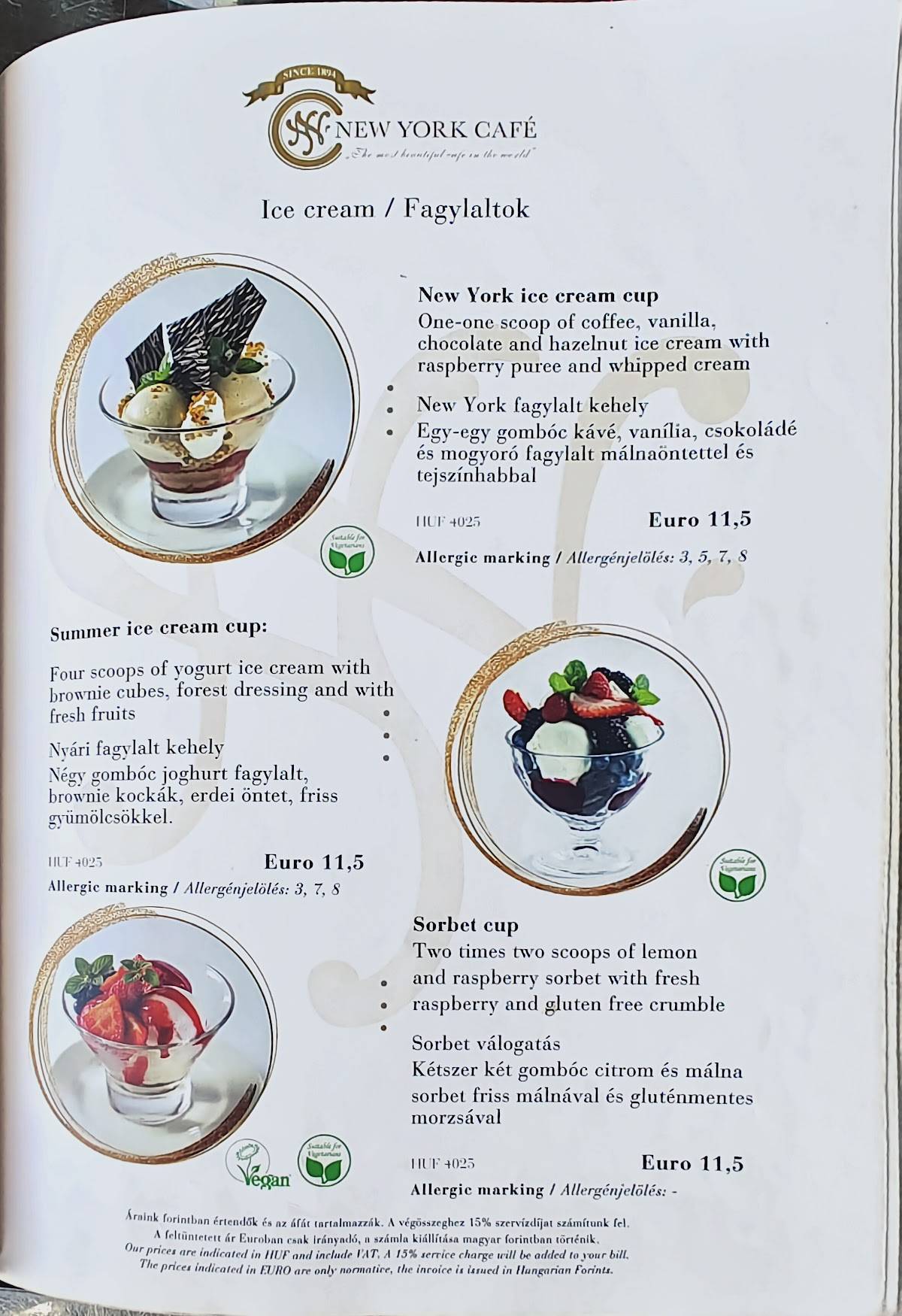 Menu at New York Café cafe, Budapest, Erzsébet krt. 9-11