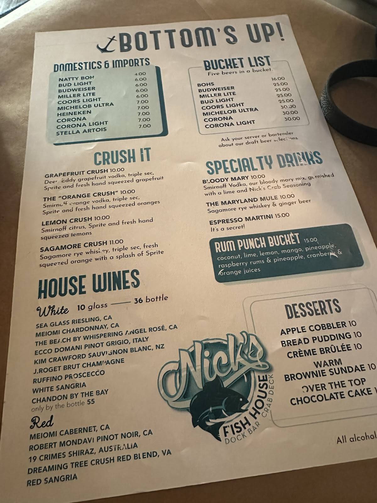 Menu at Nick's Fish House restaurant, Baltimore