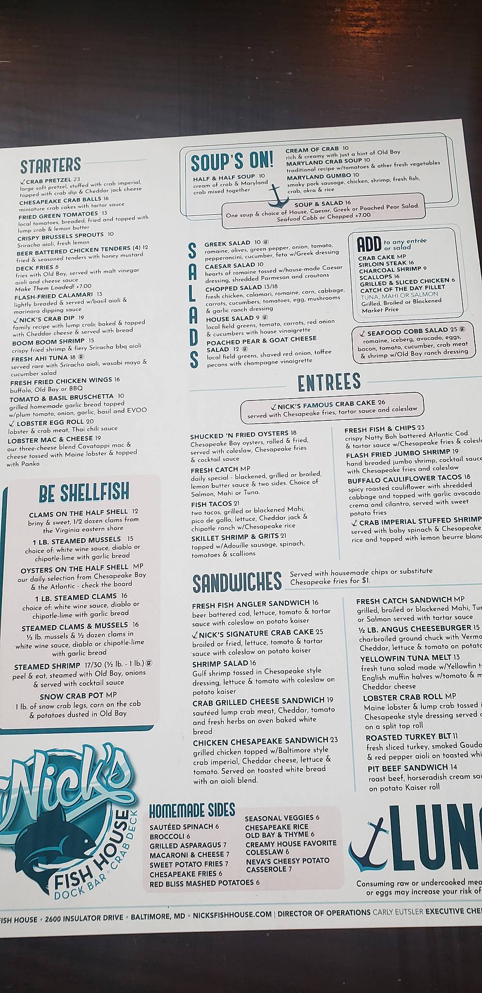 Menu at Nick's Fish House restaurant, Baltimore