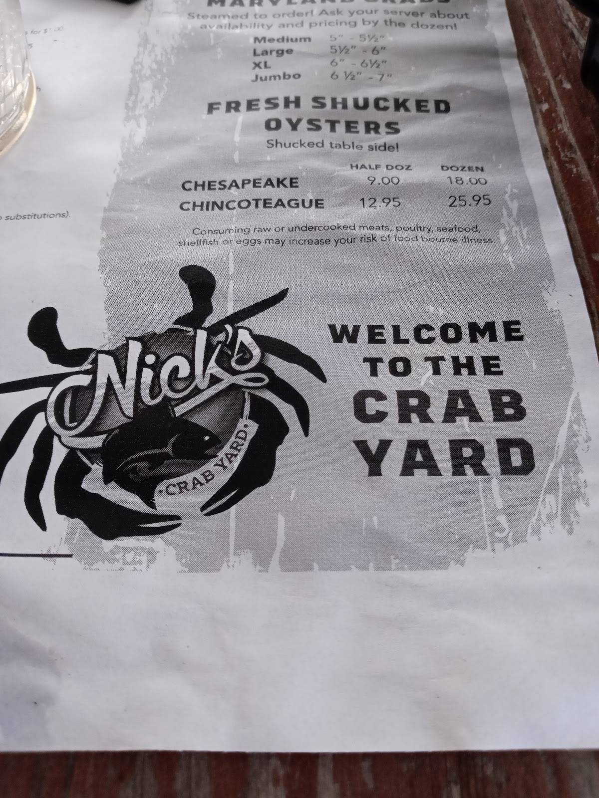 Menu at Nick's Fish House restaurant, Baltimore