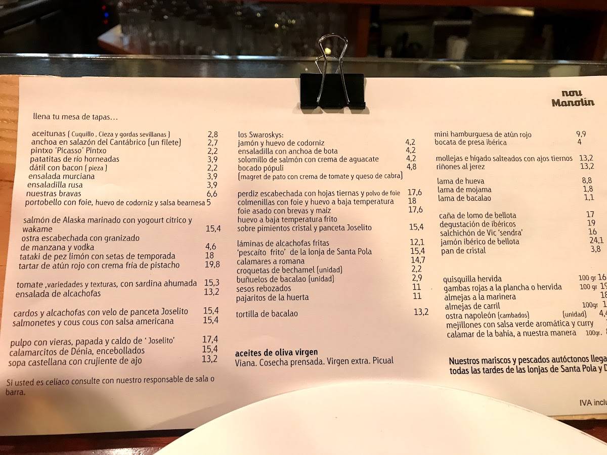 Carta del restaurante Nou Manolín, Alicante, Calle Villegas