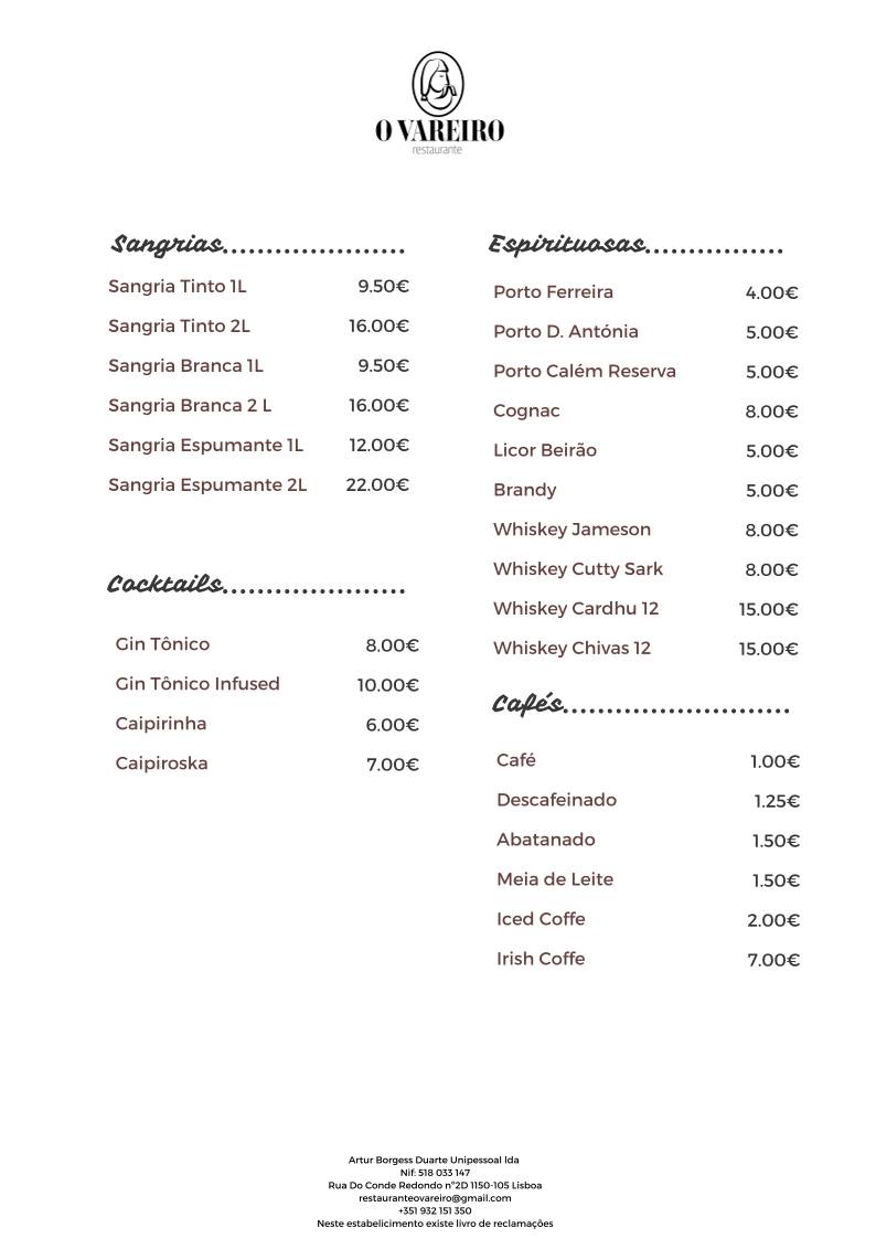 Menu at Restaurant O Vareiro, Lisbon