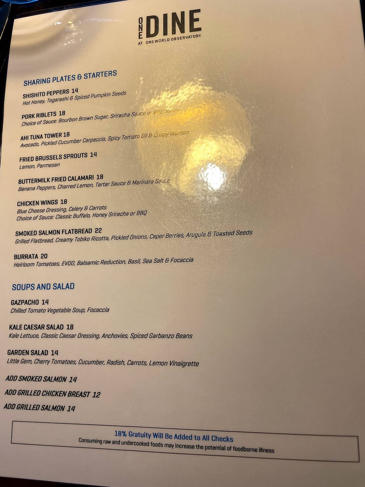 Menu at ONE Dine at One World Observatory restaurant, New York City
