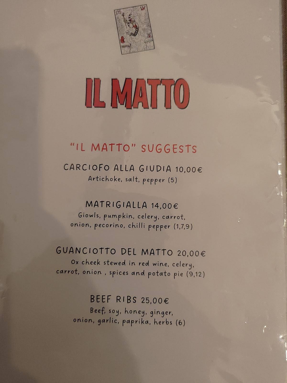 Menu au Osteria il matto restaurant, Rome