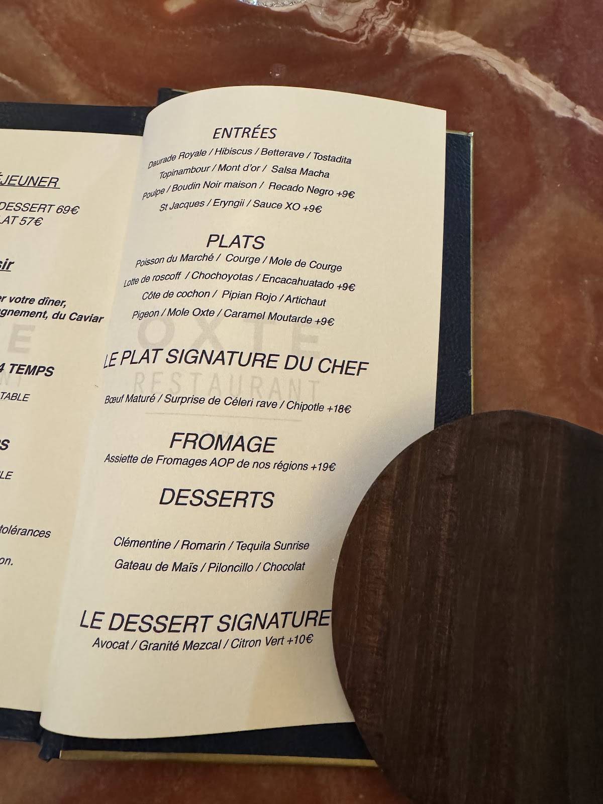 Menu at Restaurant OXTE, Paris