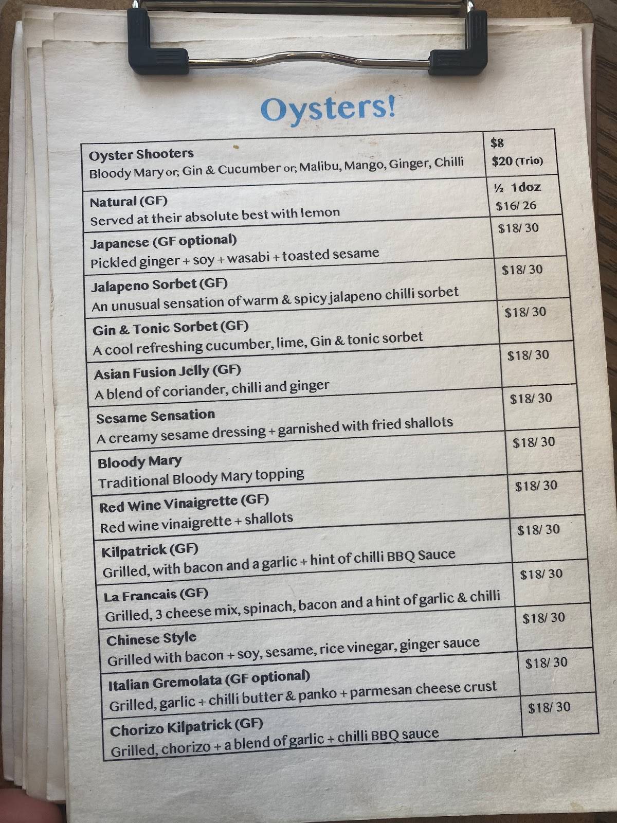 Menu at Oyster HQ restaurant, Coffin Bay