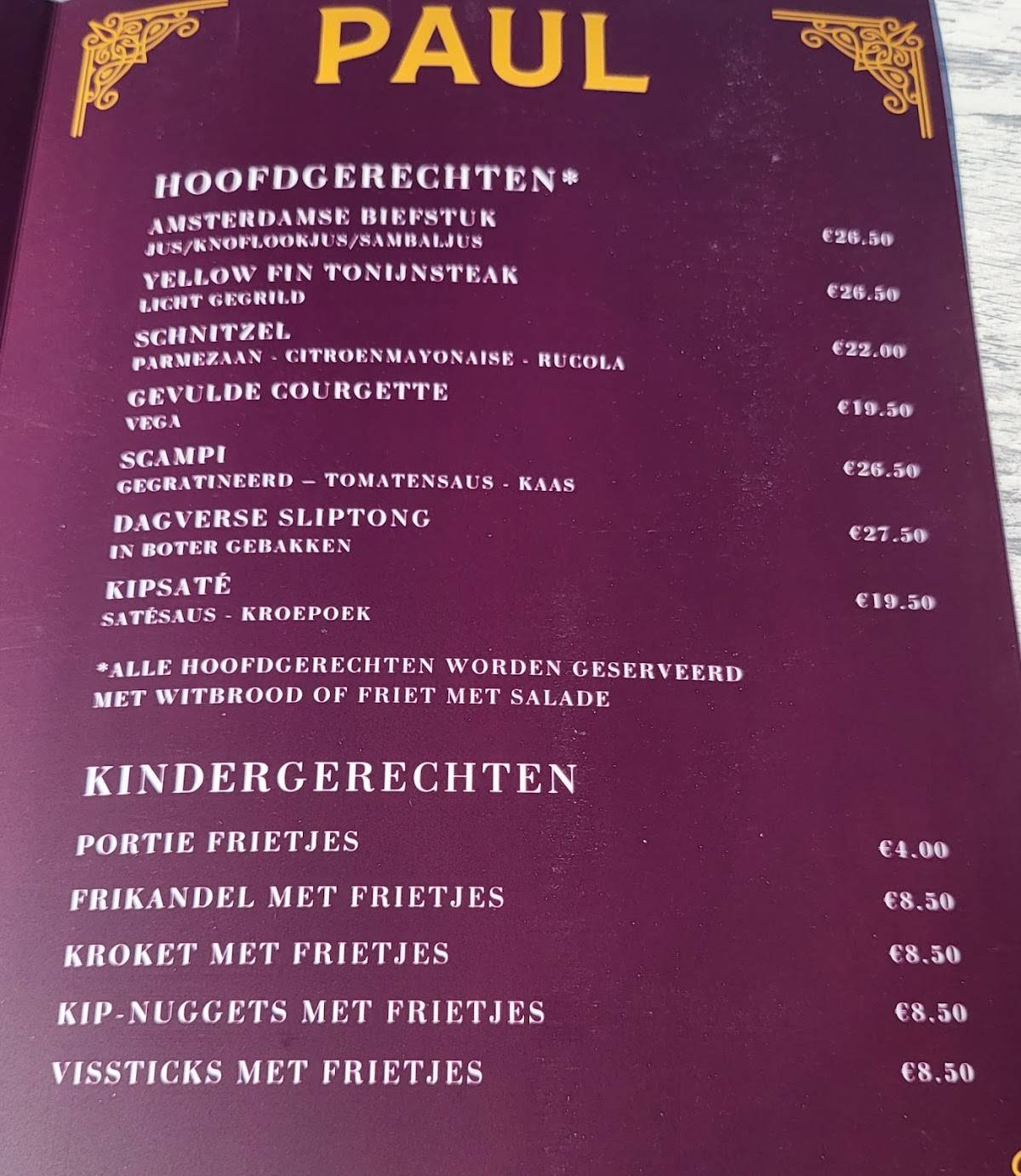 Menu at Restaurant PAUL, Sas van Gent