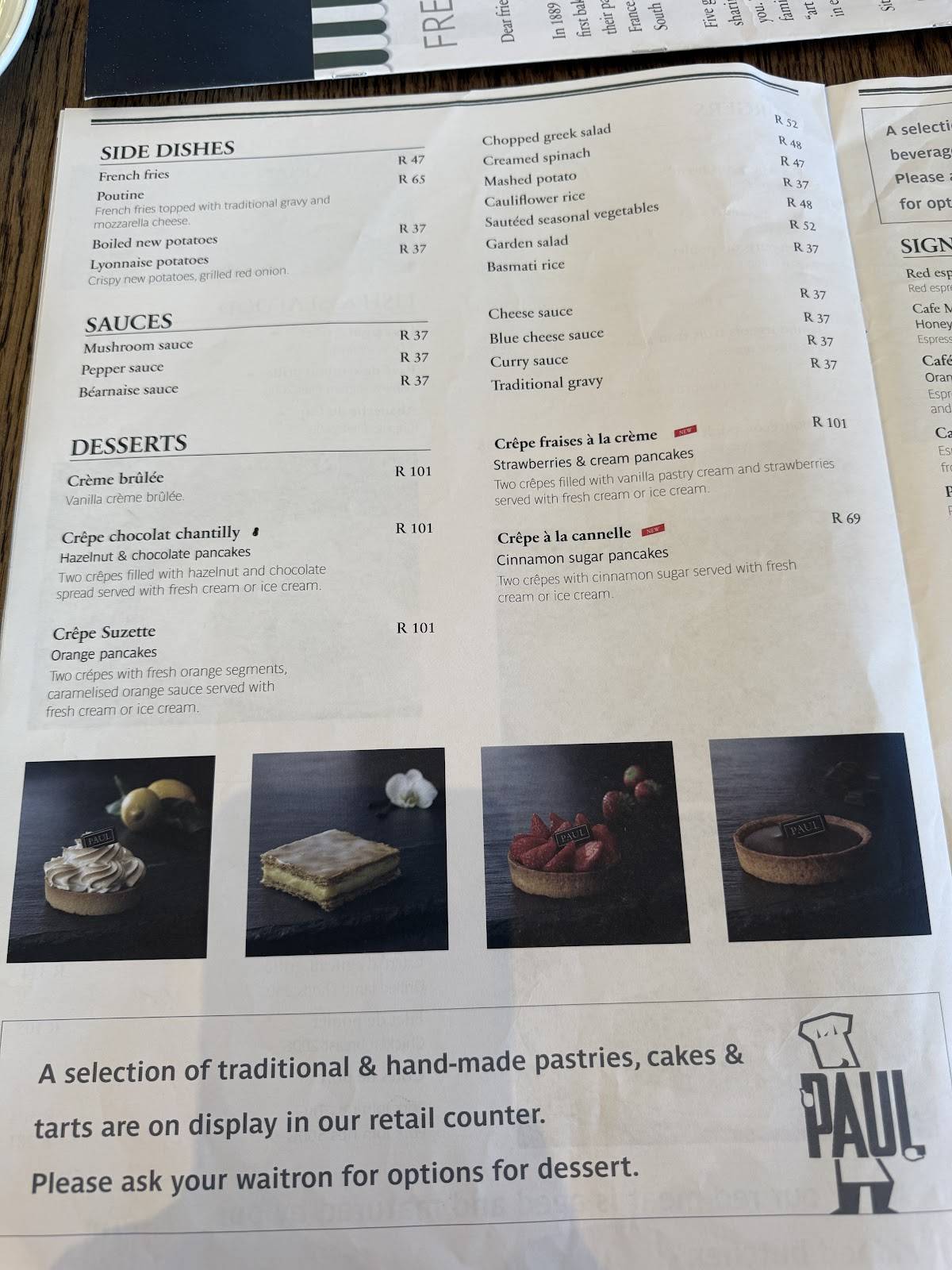 Menu at Paul, New Redruth