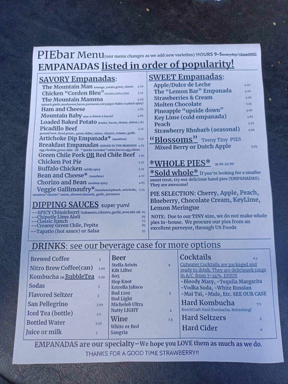 Menu at PIEbar AZ, Strawberry