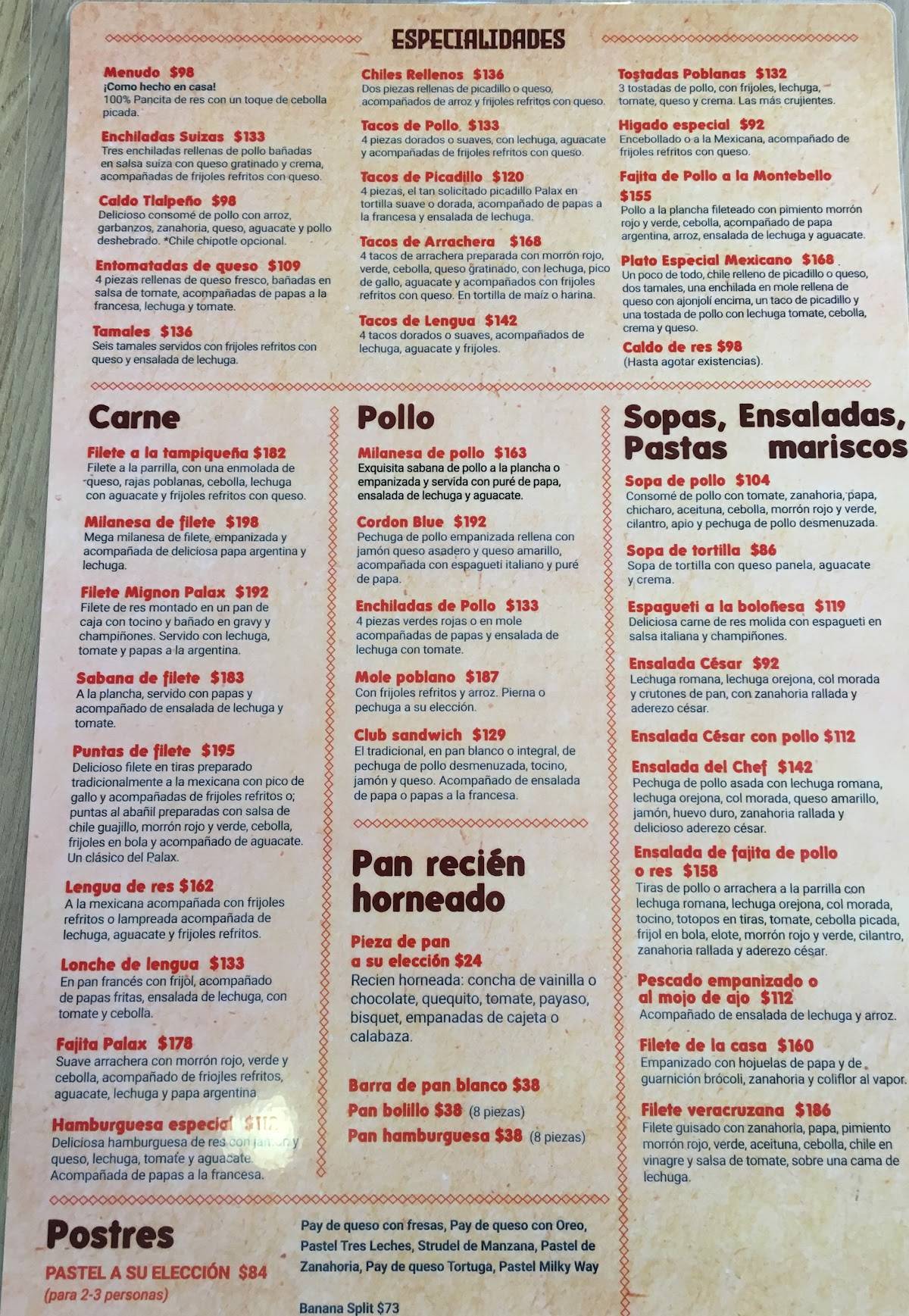 Carta de Restaurant Palax, Monterrey, Av. Francisco I. Madero 717