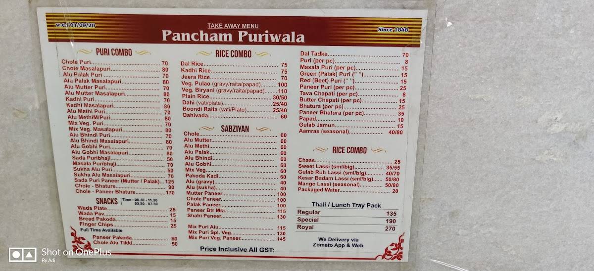 Menu at Pancham Puriwala, Mumbai
