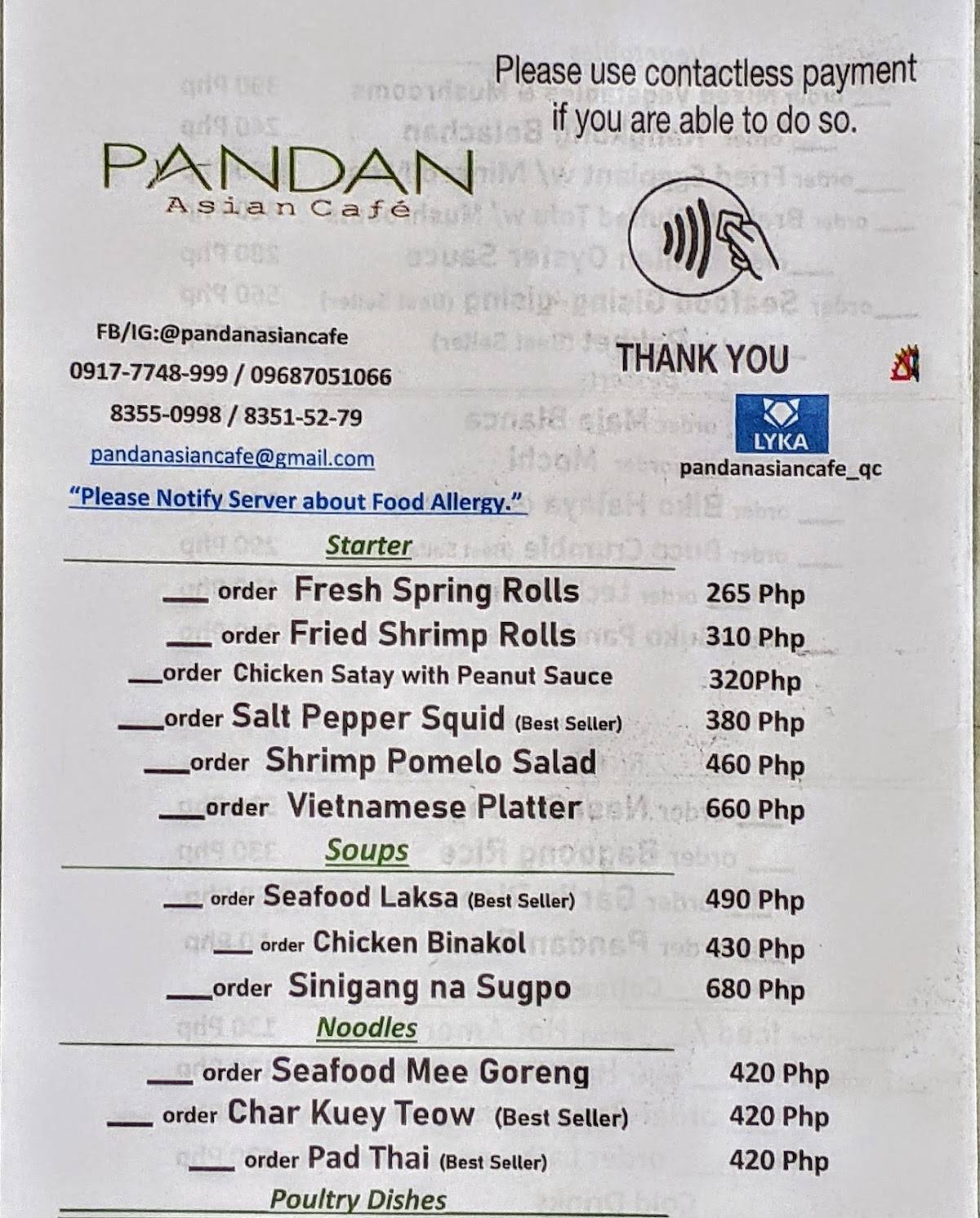 Menu at Pandan Asian Cafe, Quezon City