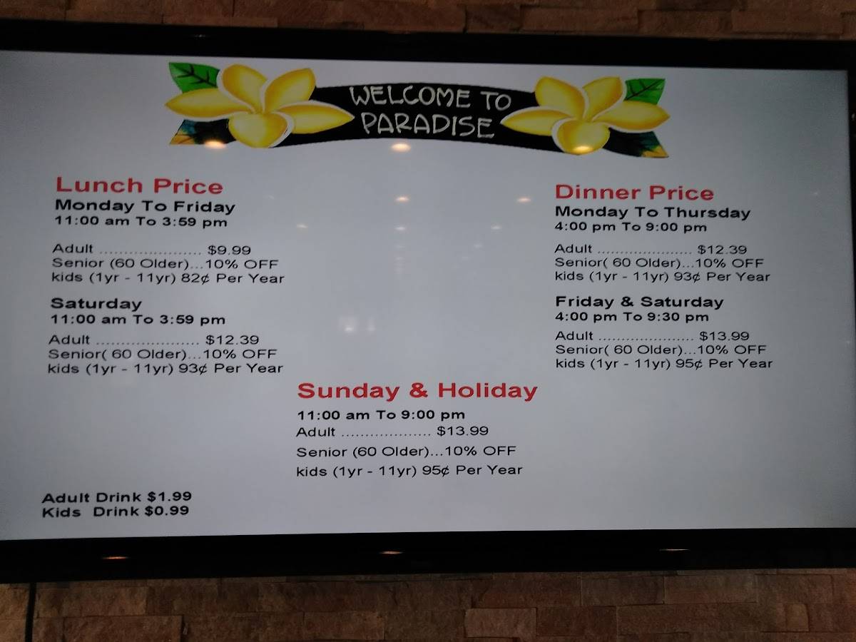 Menu at Paradise Buffet restaurant, Murray