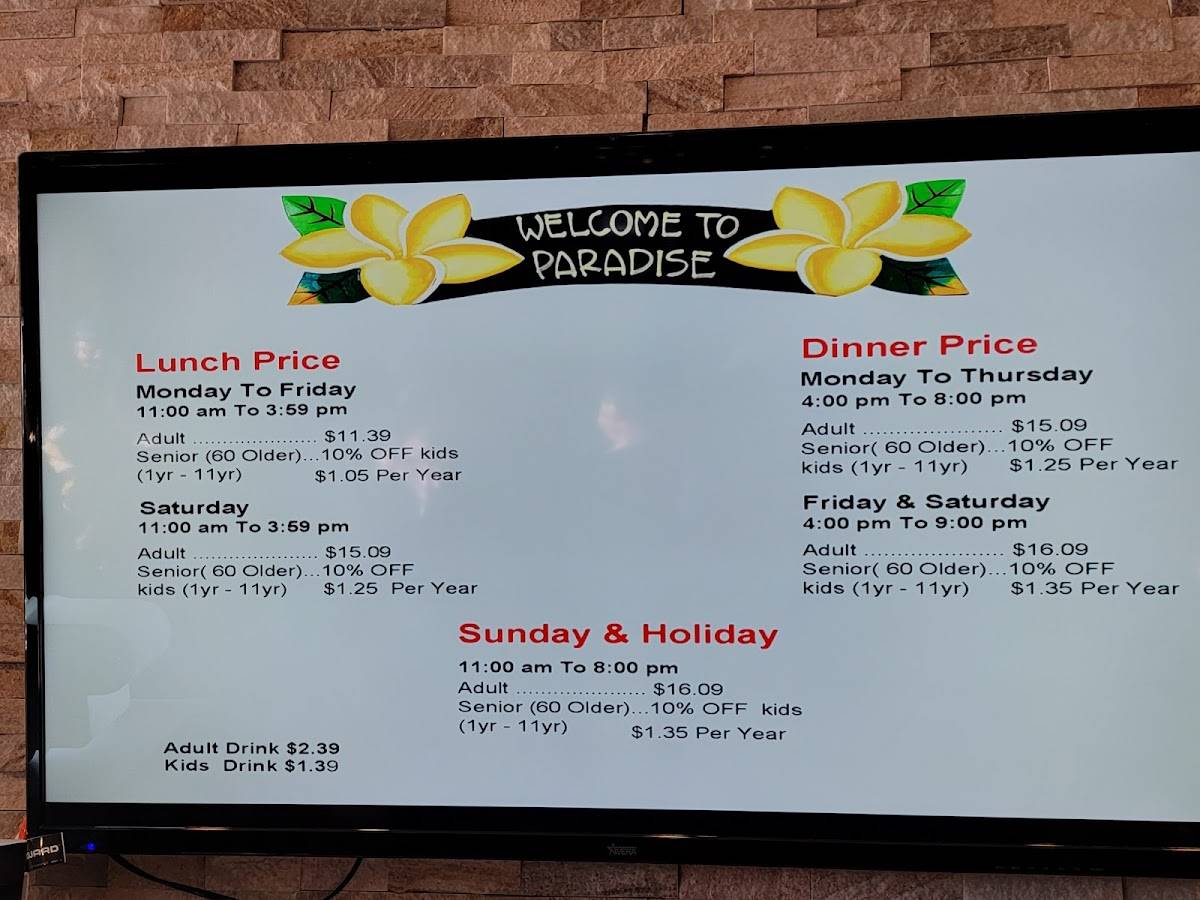 Menu at Paradise Buffet restaurant, Murray