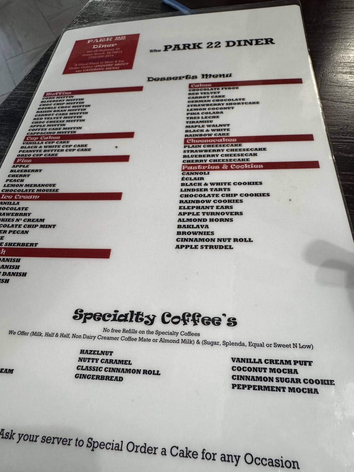 Menu at Park22 Diner restaurant, Green Brook Township