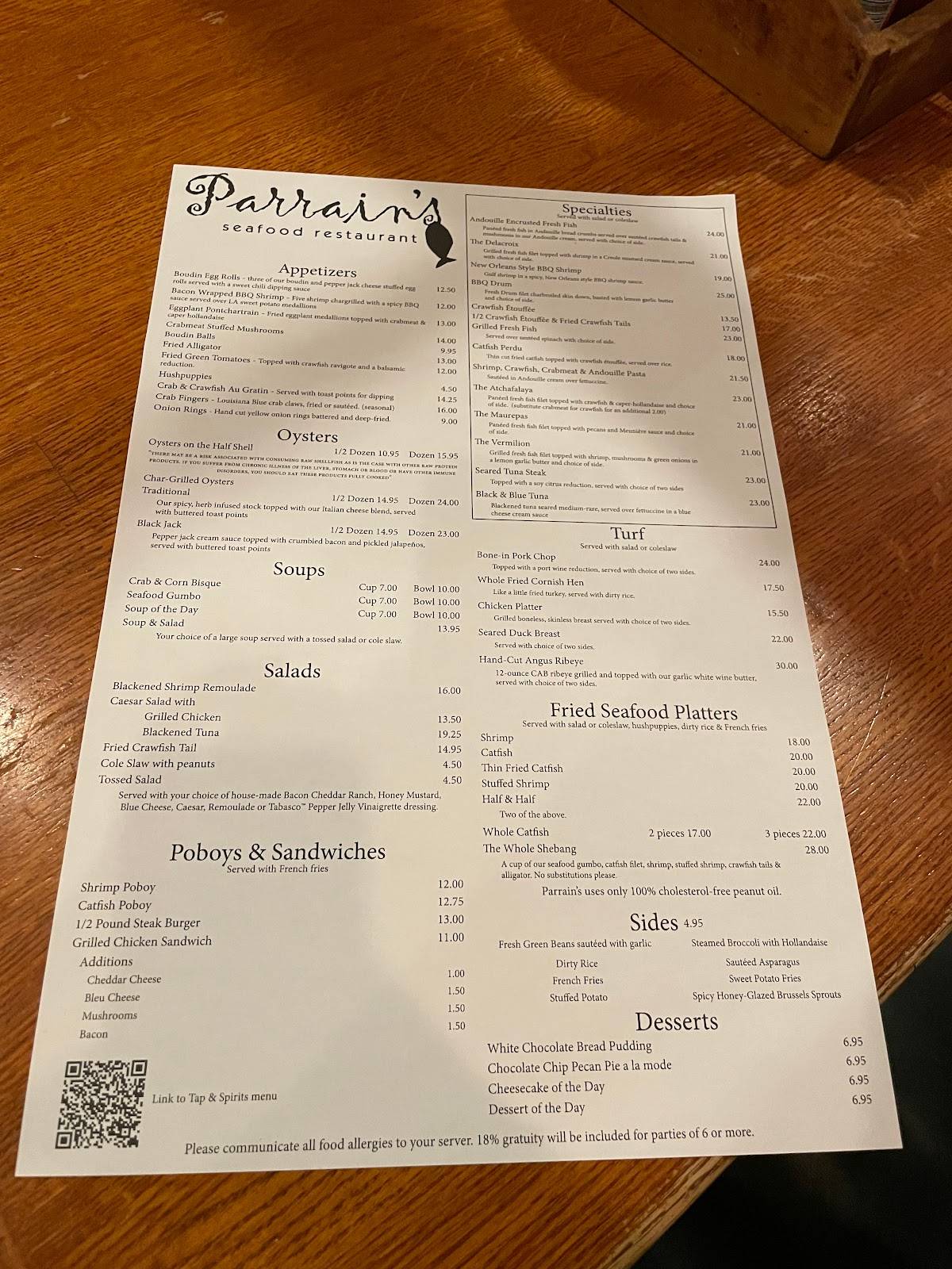 Menu at Parrain's Seafood Restaurant, Baton Rouge