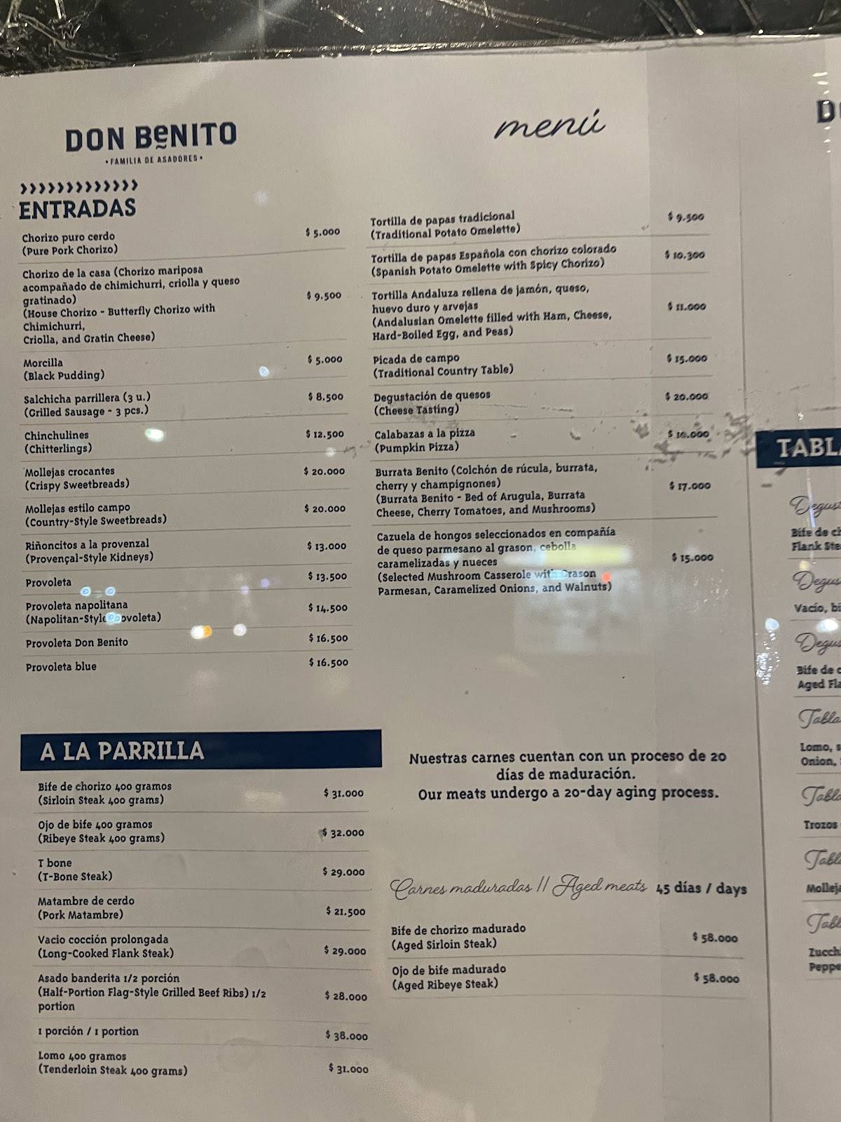 Menu at Parrilla Don Benito Soho, Buenos Aires