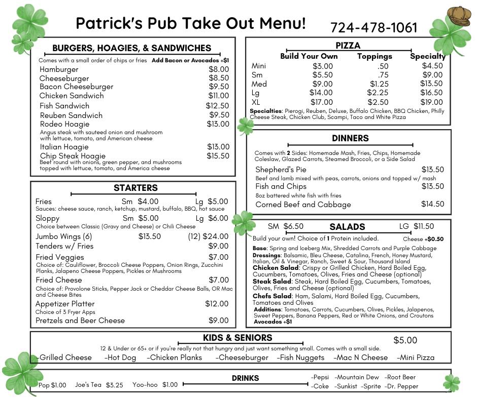 Menu at Patrick's Pub, Apollo, 205 1st St