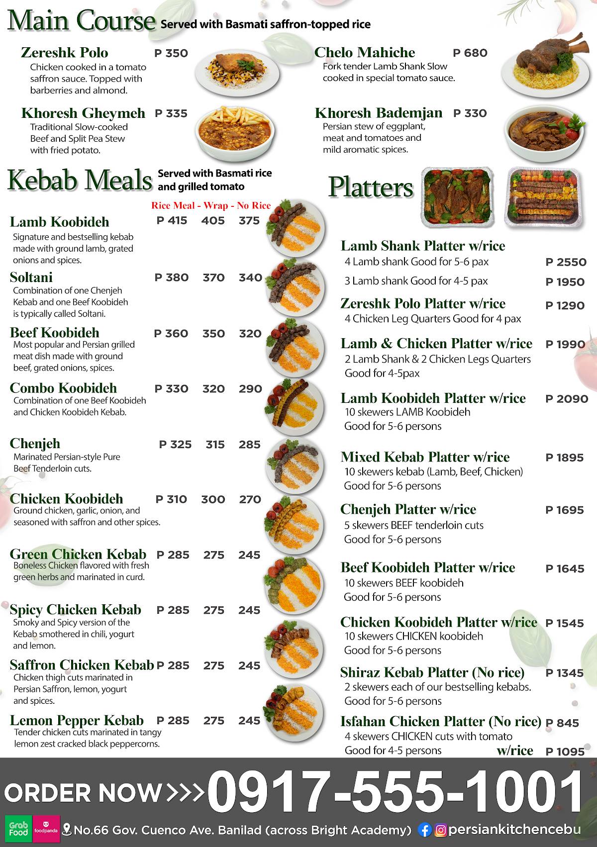 Menu at Persian Kitchen restaurant, Cebu City
