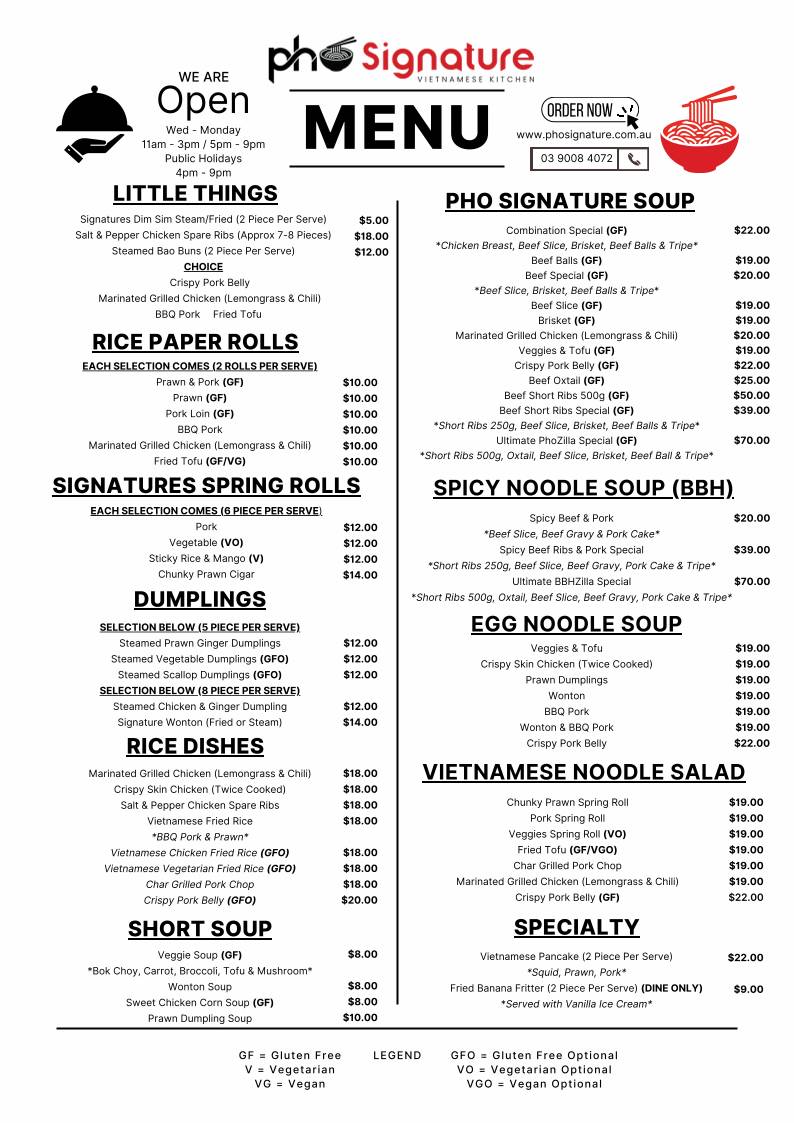 Menu at Pho Signature, Berwick