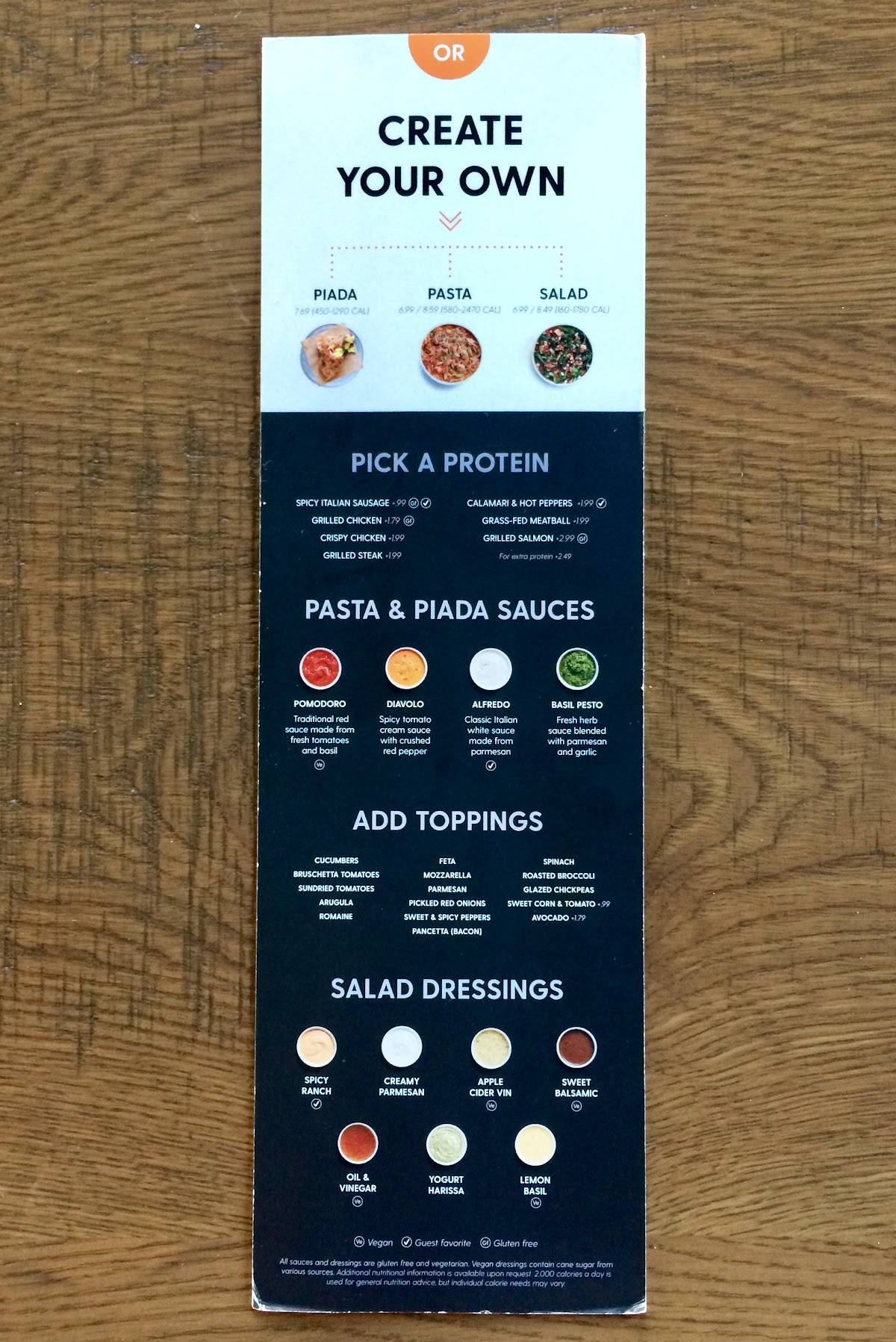 Menu at Piada Italian Street Food restaurant, Frisco